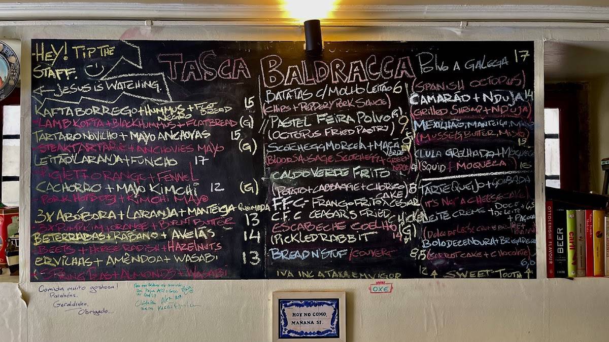 Menu at Tasca Baldracca restaurant, Lisbon