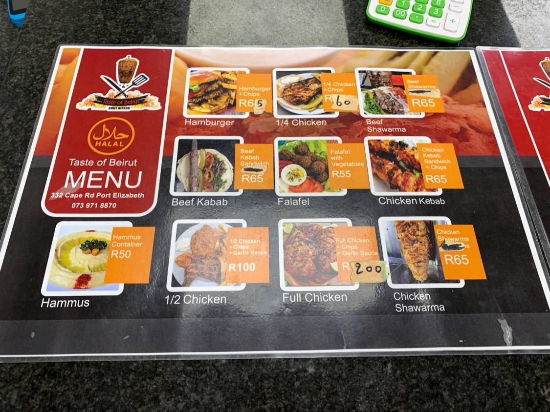 Menu at Taste of Beirut restaurant, South Africa, 332 Cape Rd