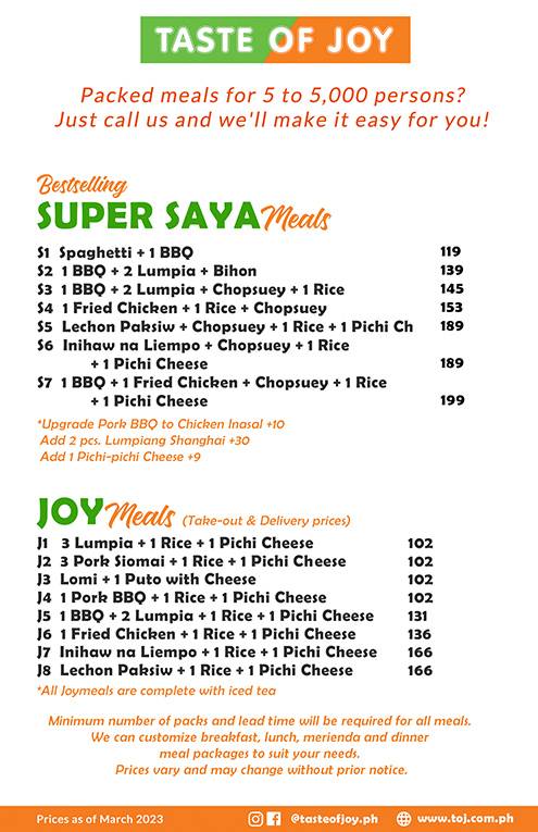 Menu at Taste of Joy Parañaque restaurant, Parañaque, Unit B-18