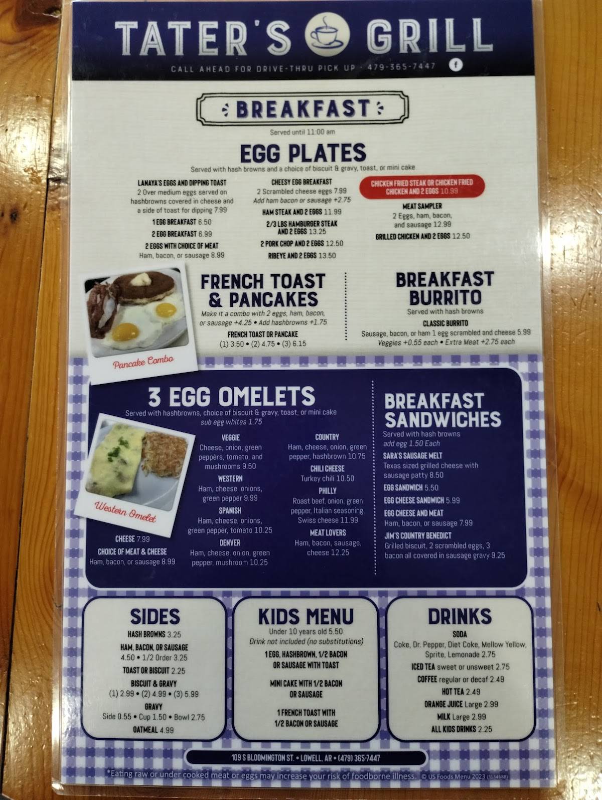 Menu at Tater's Fresh Grill restaurant, Lowell