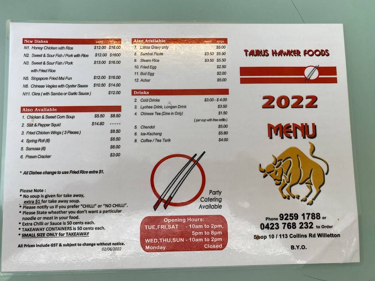 Menu at Taurus Hawker Foods restaurant, Willetton