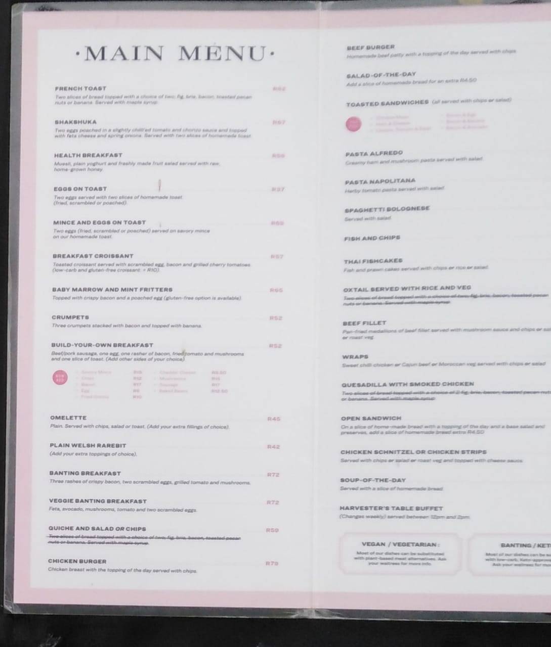 Menu at Tea On 23 restaurant, Pietermaritzburg