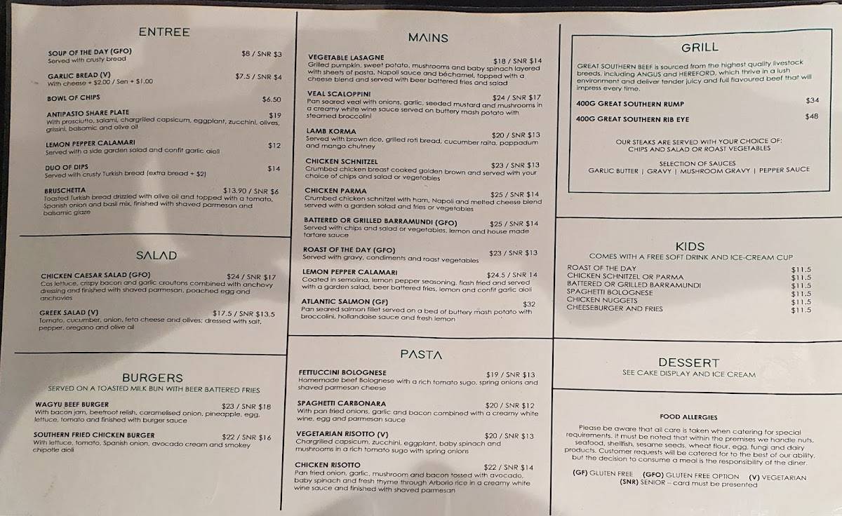 Menu at Templestowe Hotel restaurant, Templestowe Lower