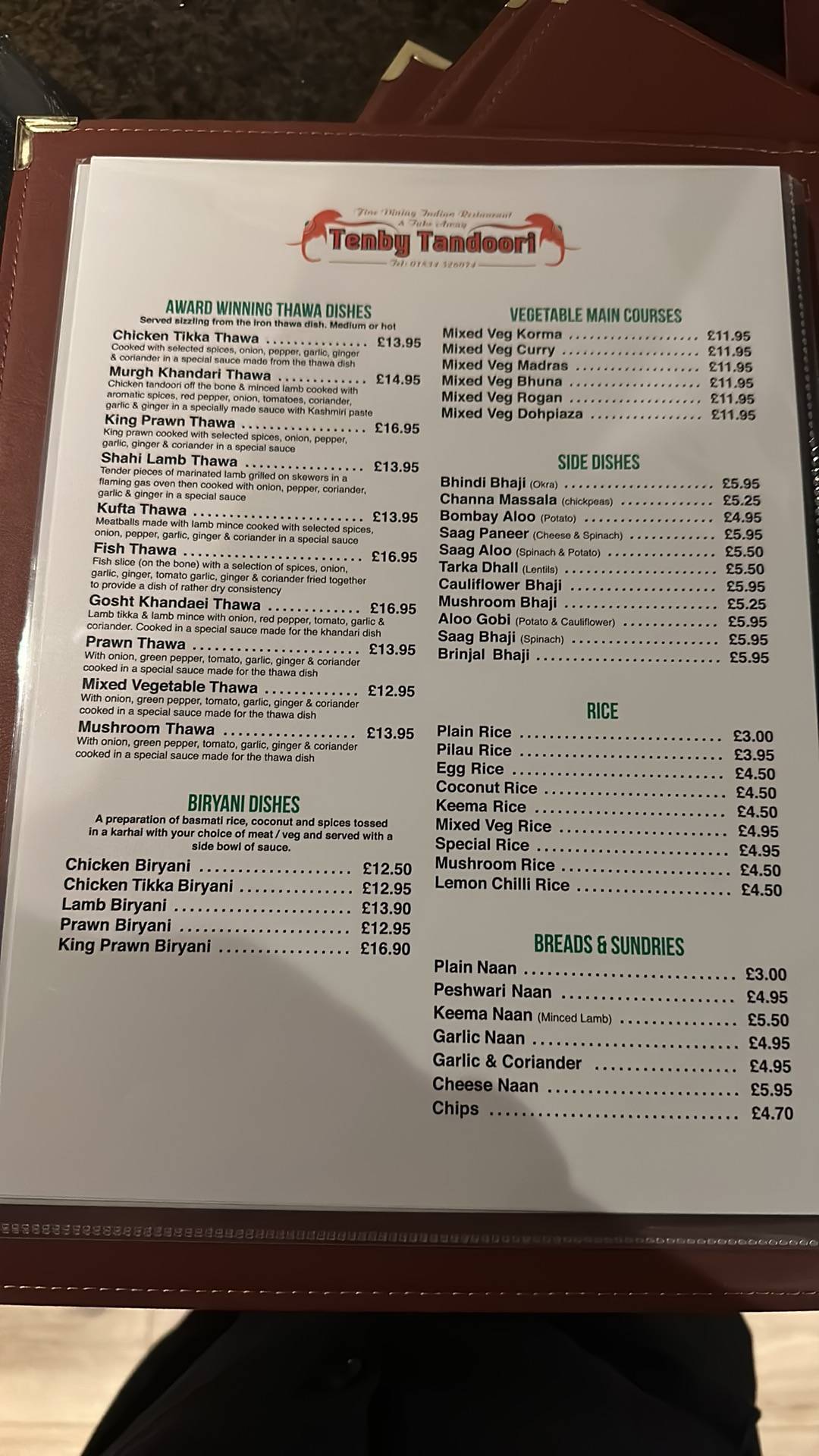 Menu at Tenby Tandoori restaurant, Tenby