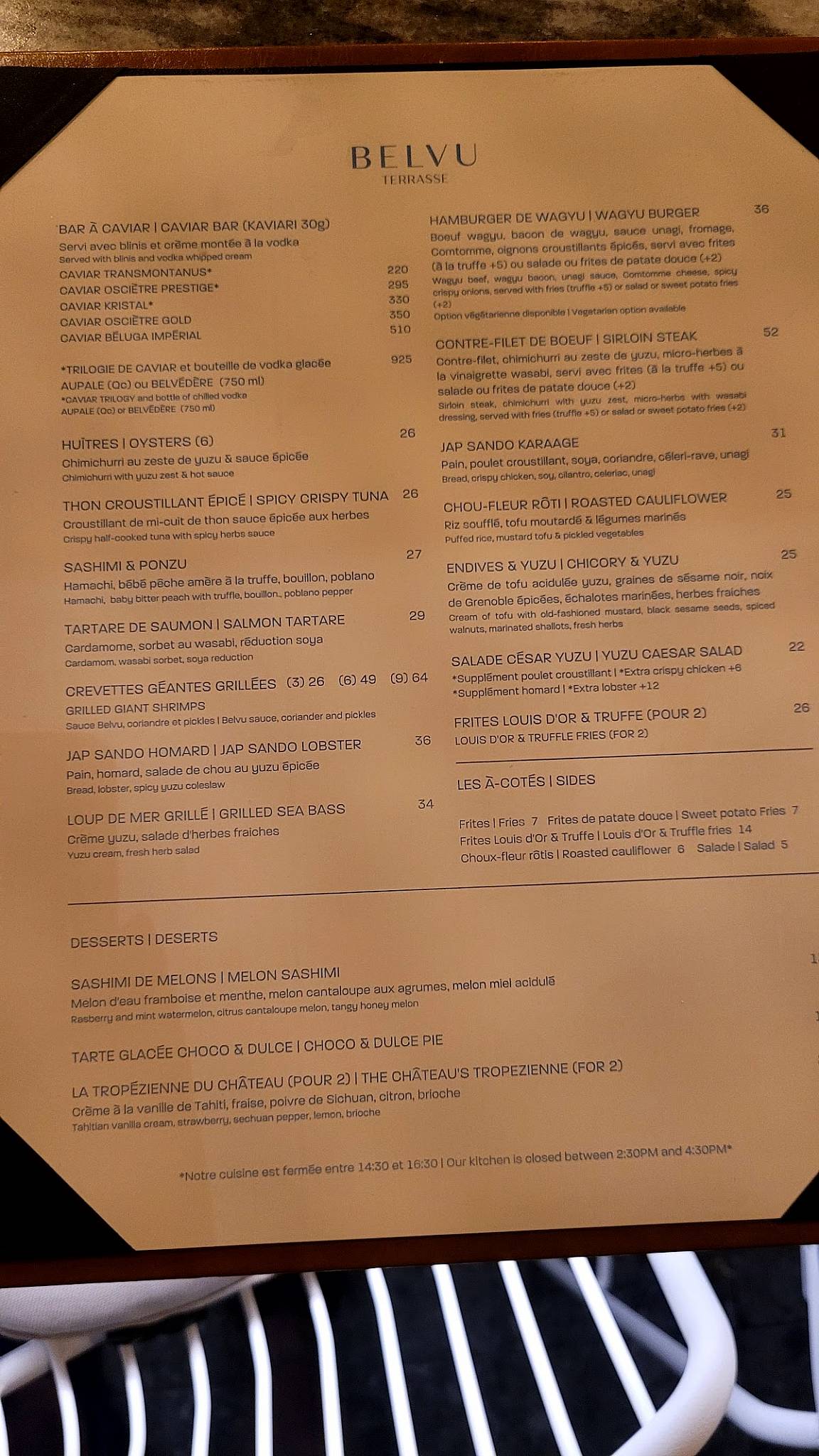 Menu at Terrasse Belvu restaurant, Montréal