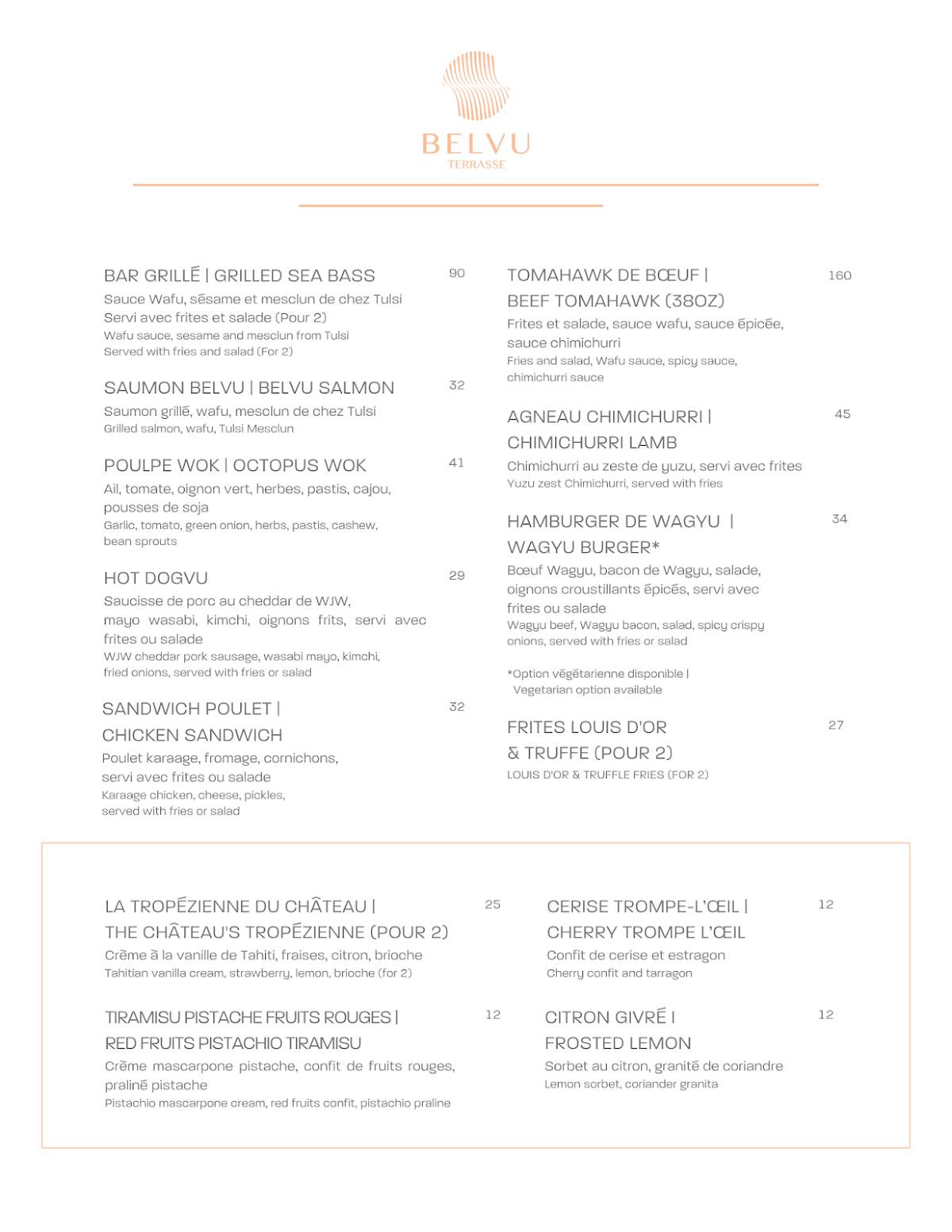 Menu at Terrasse Belvu restaurant, Montréal