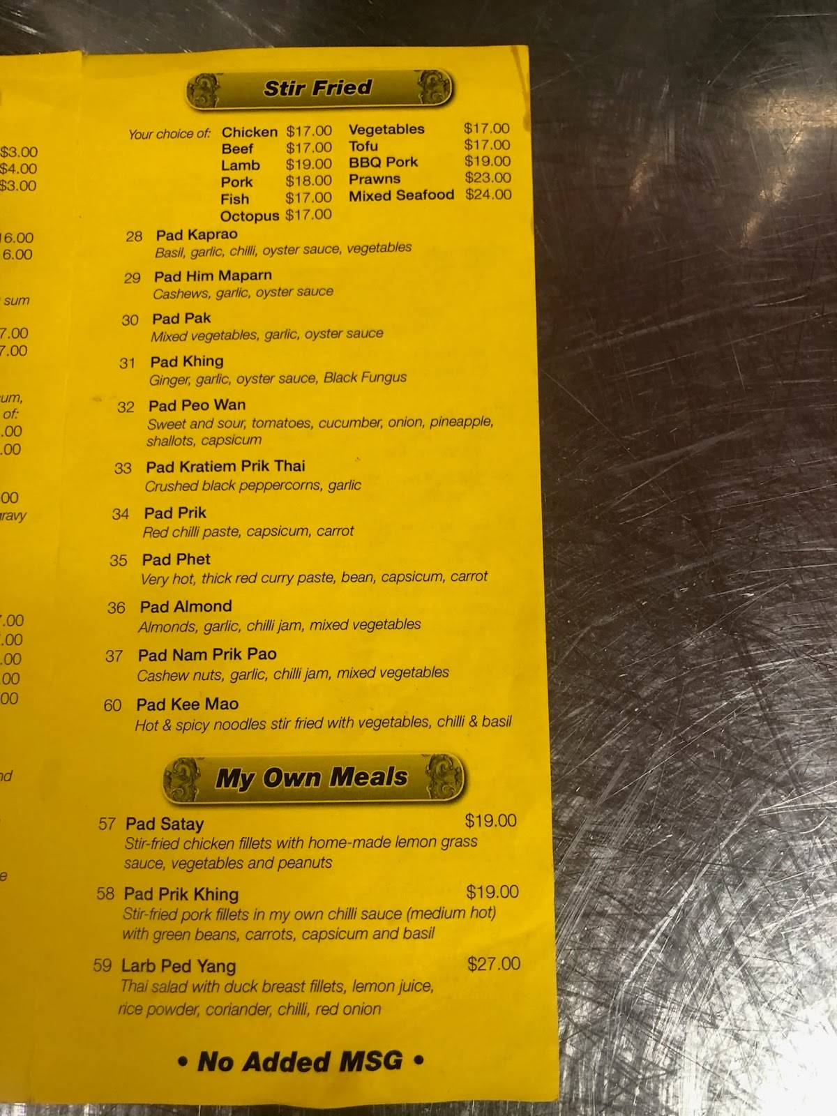 Menu at Thai Inthanon Kitchen restaurant, Coffs Harbour