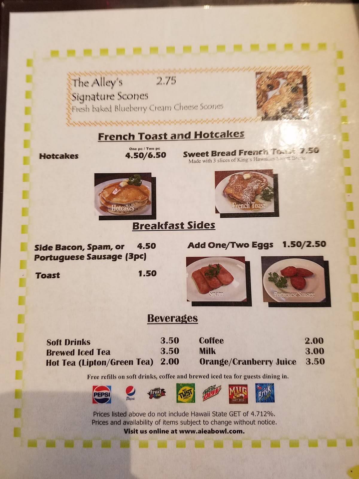 Menu at The Alley Restaurant at Aiea Bowl, Aiea