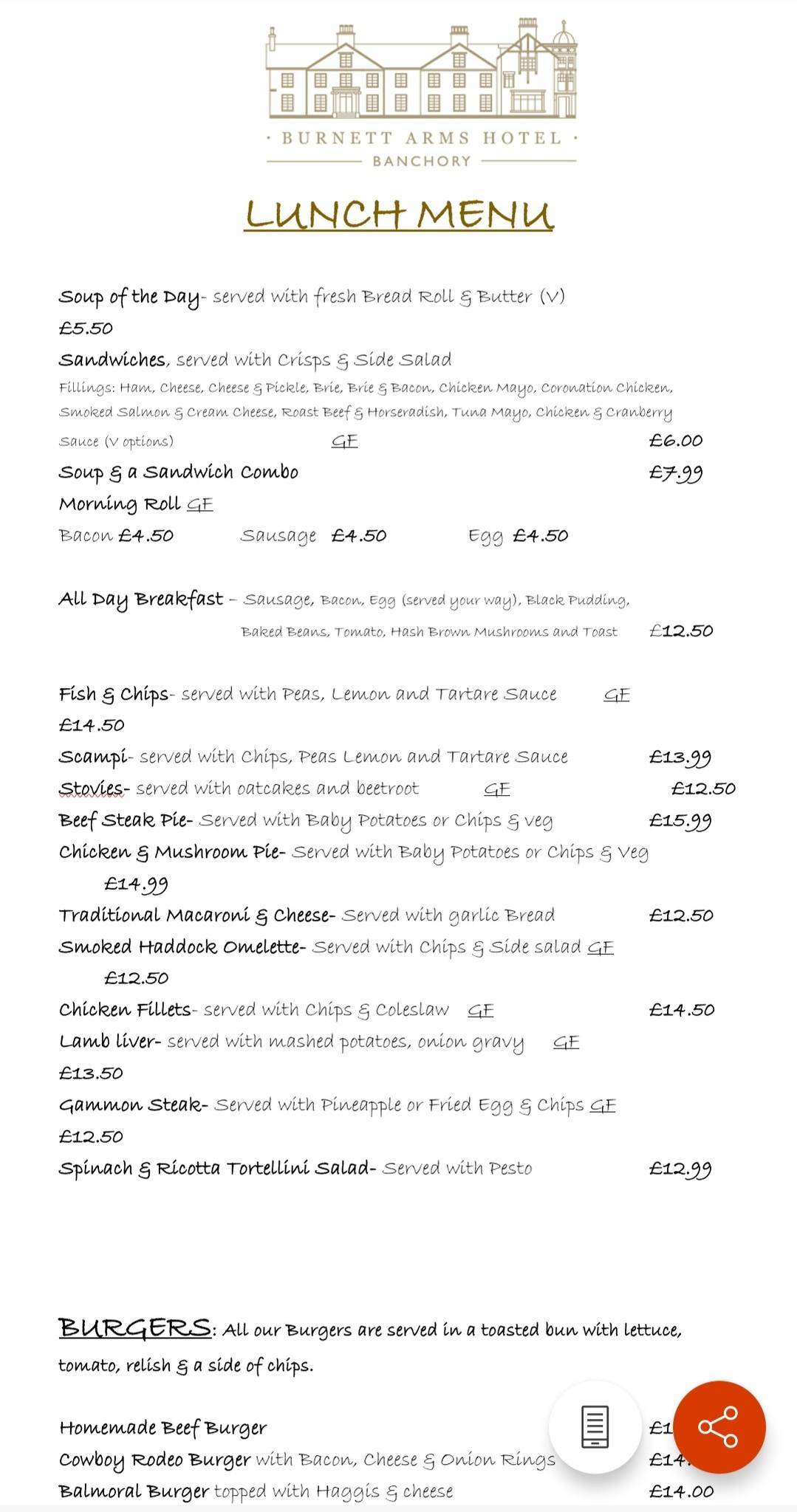 Menu at The Burnett Arms Hotel Banchory pub & bar, Banchory