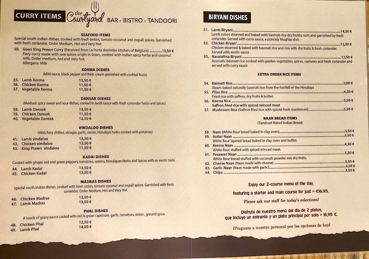 Menu at The Courtyard Tandoori Bar and Bistro, Jalón