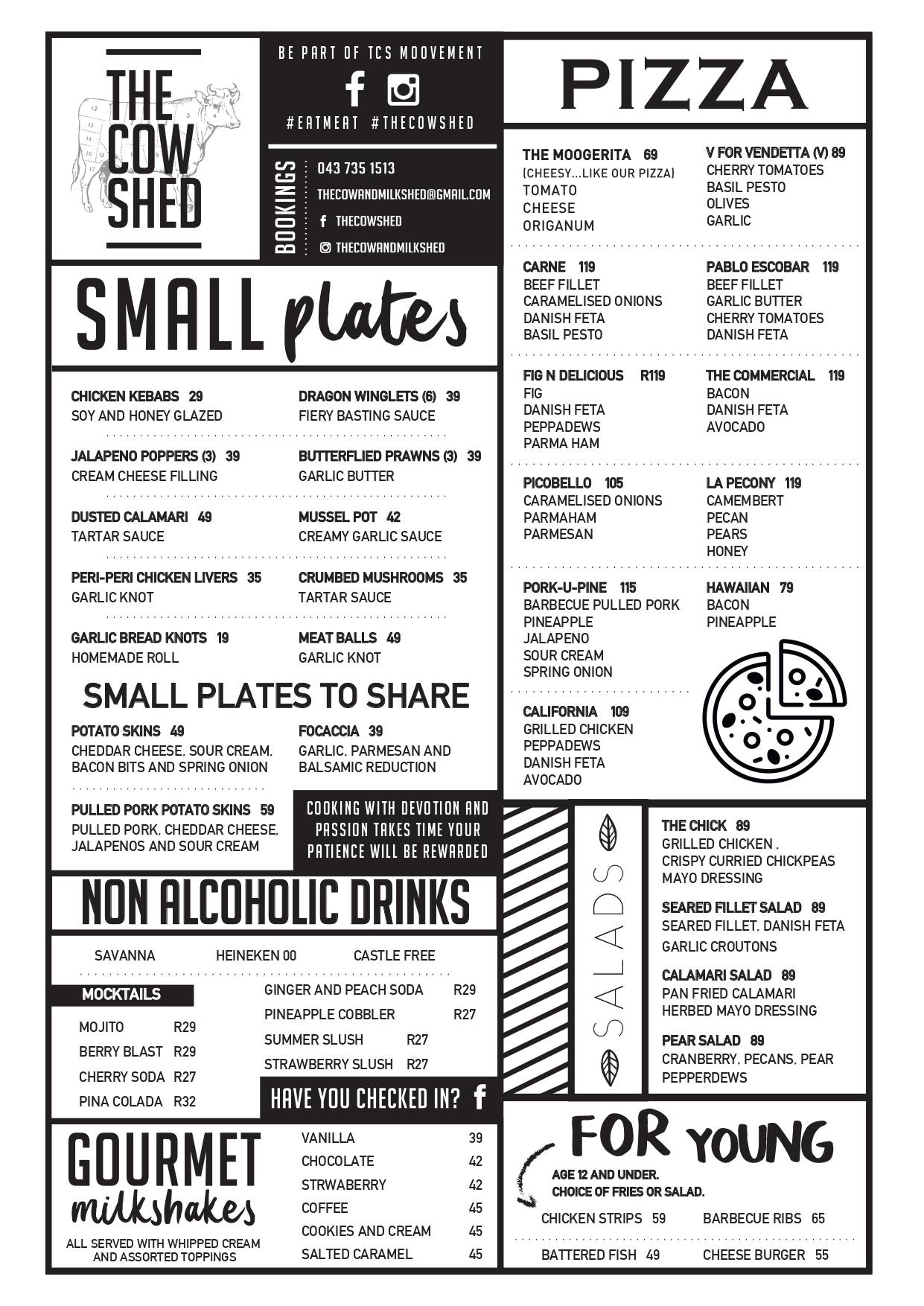 Menu at The Cow and Milk Shed restaurant, East London