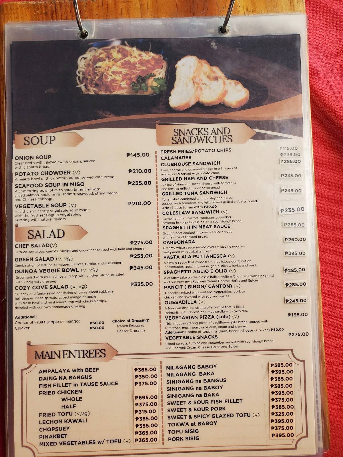 Menu at The Cozy Cove restaurant, Baguio