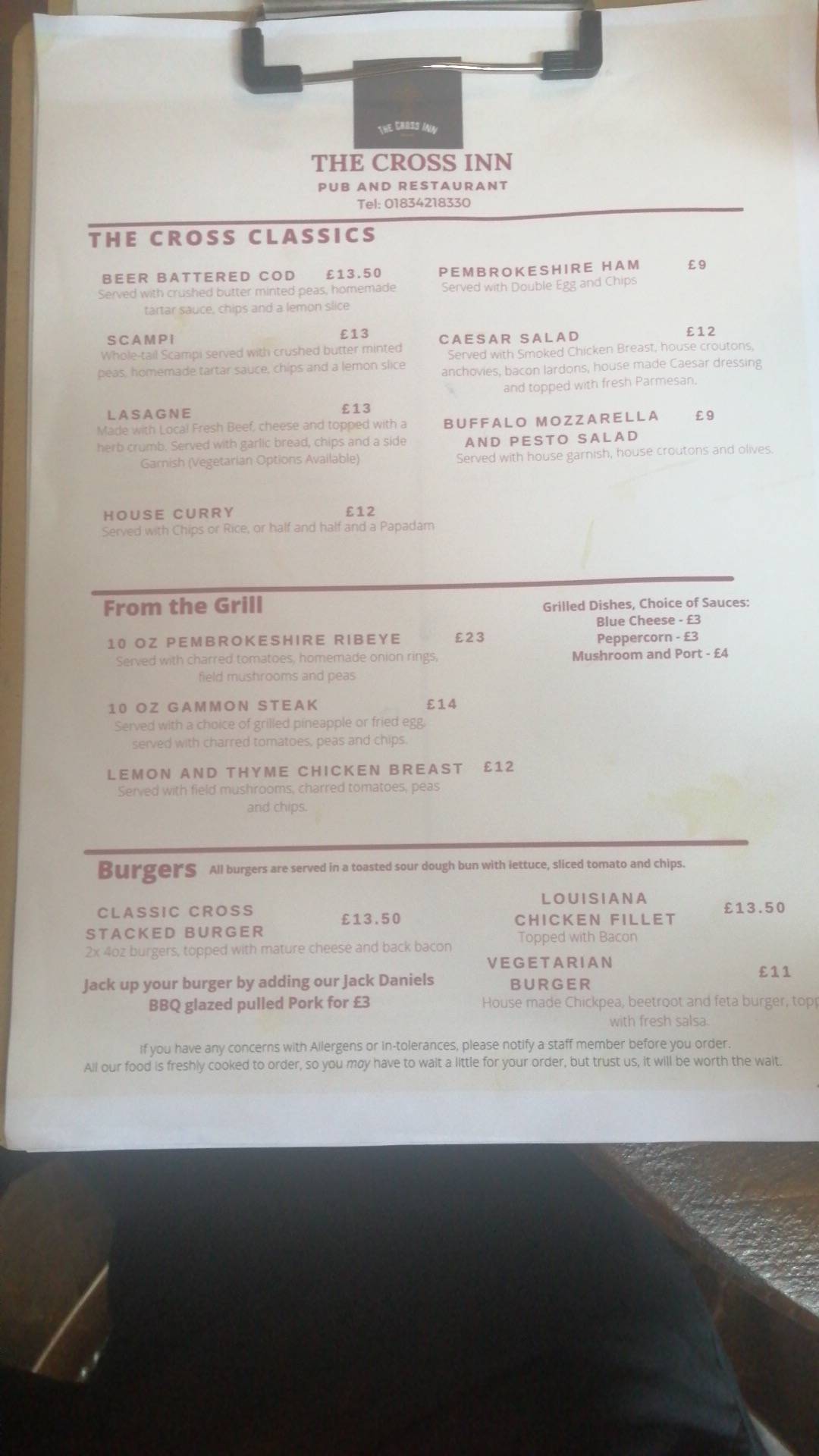 Menu at The Cross Inn, Broadmoor, Kilgetty, England