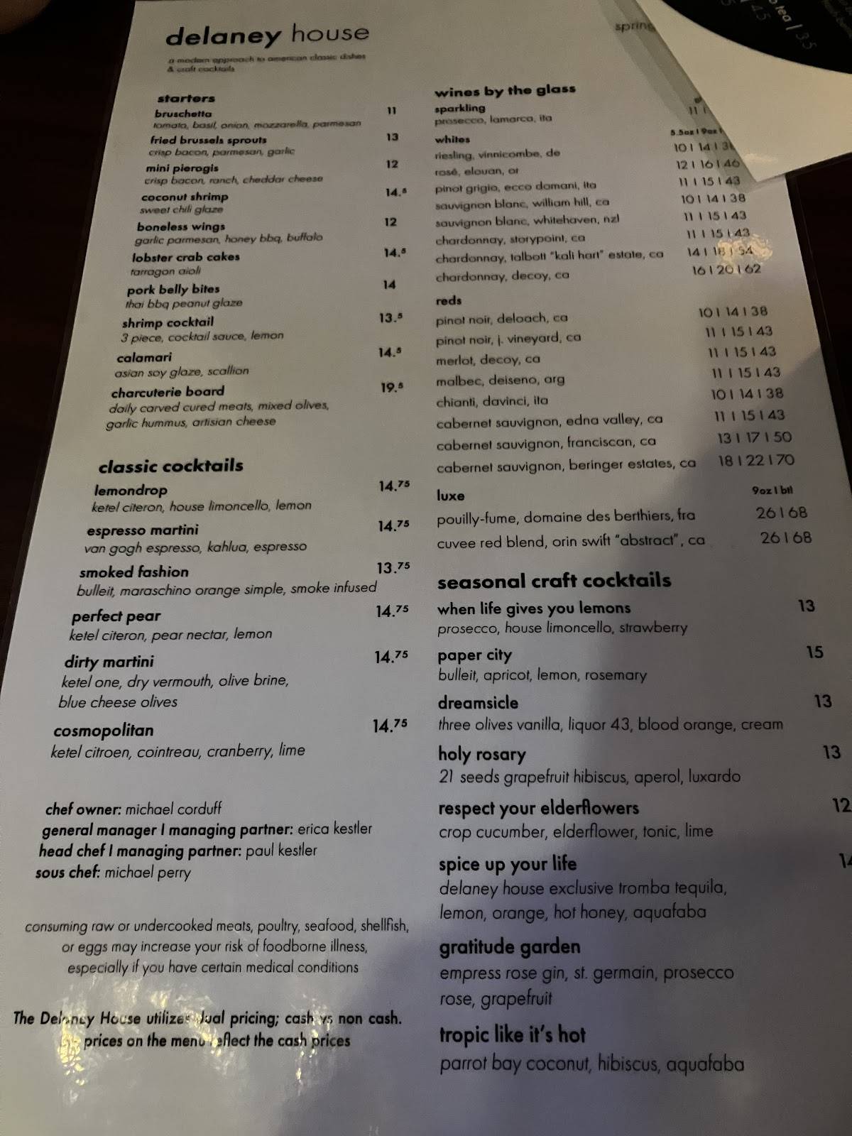 Menu at The Delaney House restaurant, Holyoke