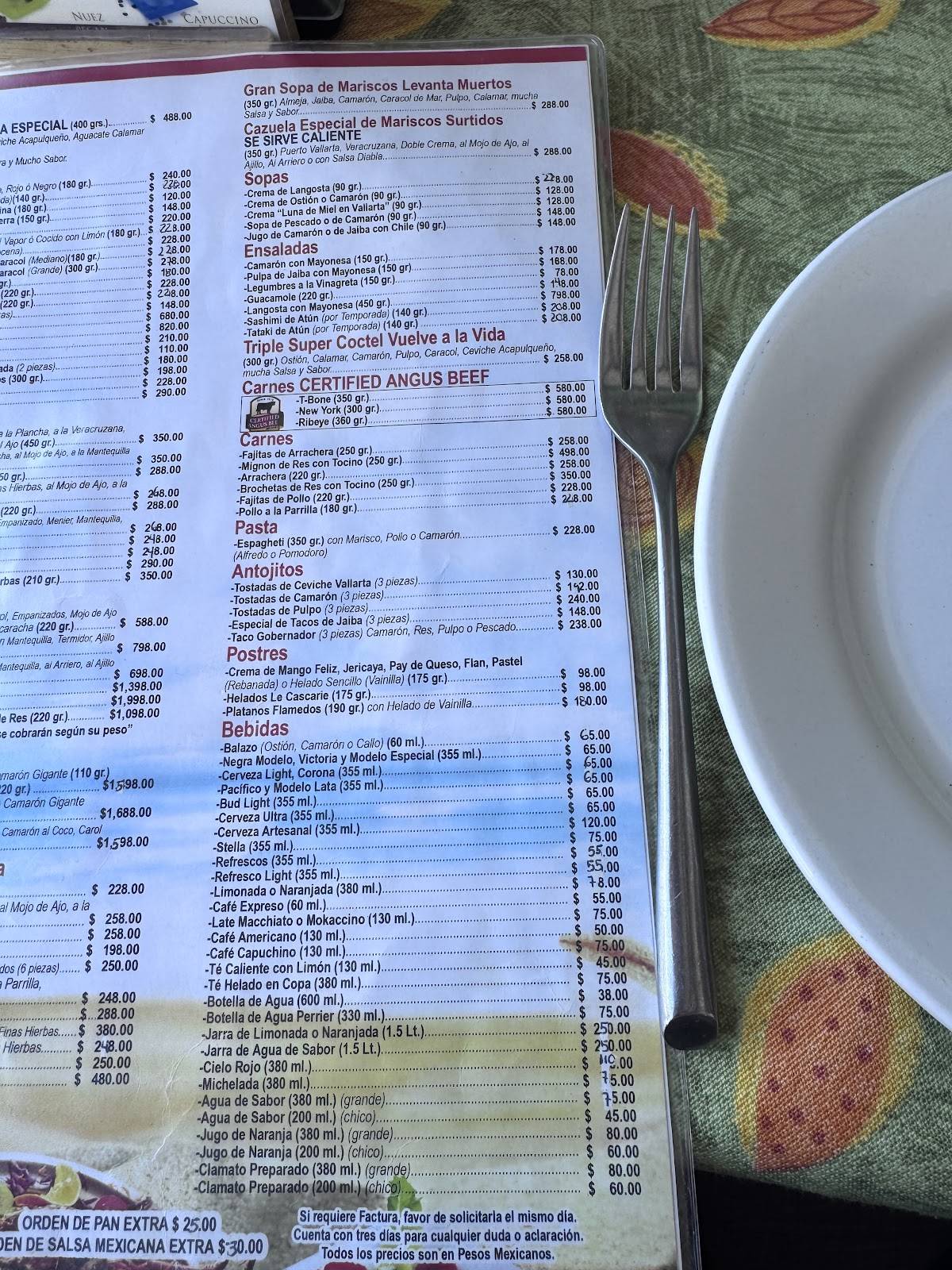 Menu at The Happy Lobster restaurant, Puerto Vallarta