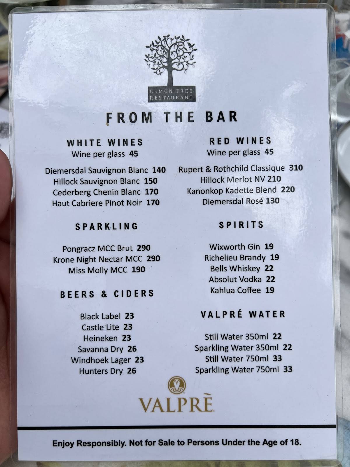 Menu at The Lemon Tree Restaurant, South Africa, 22 1st Ave