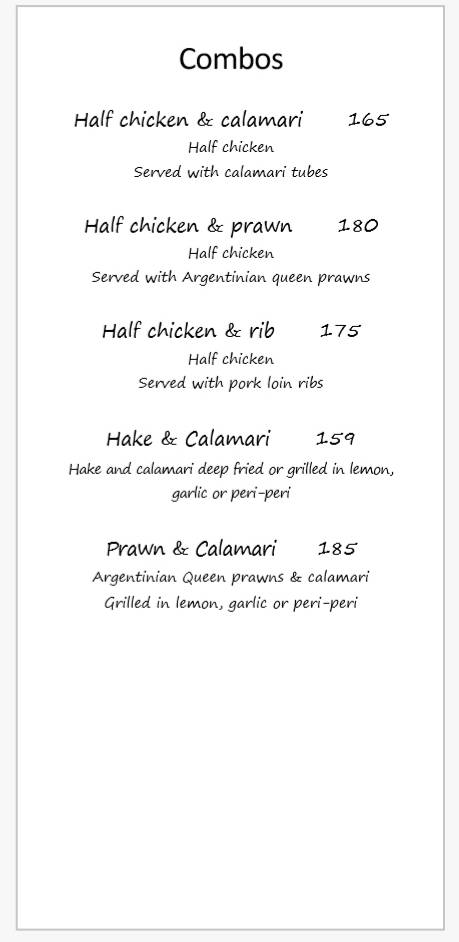 Menu at The Lookout restaurant, Durban