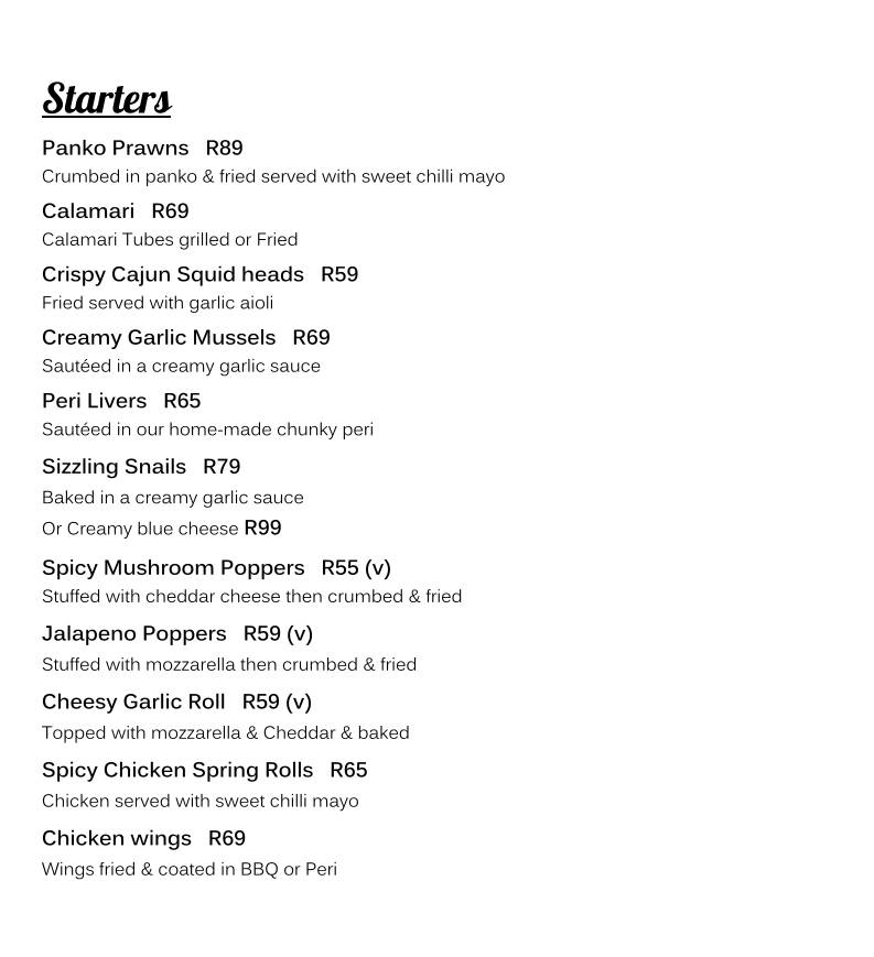 Menu at The Lookout restaurant, Durban