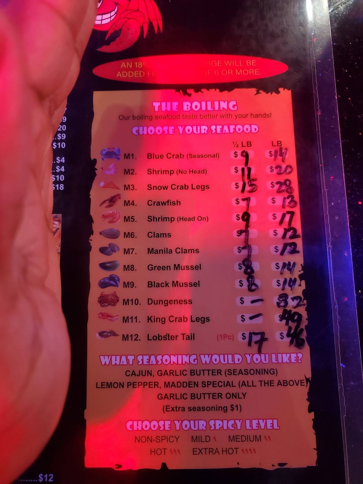 Menu at The Madden Crab restaurant, Tupelo