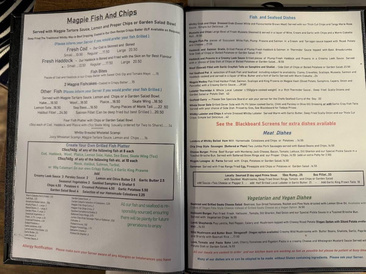 Menu at The Magpie Café restaurant, Whitby
