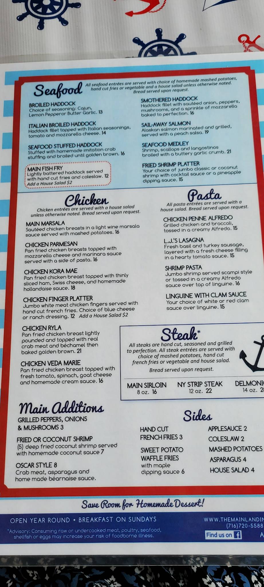 Menu at The Main Landing restaurant, Celoron
