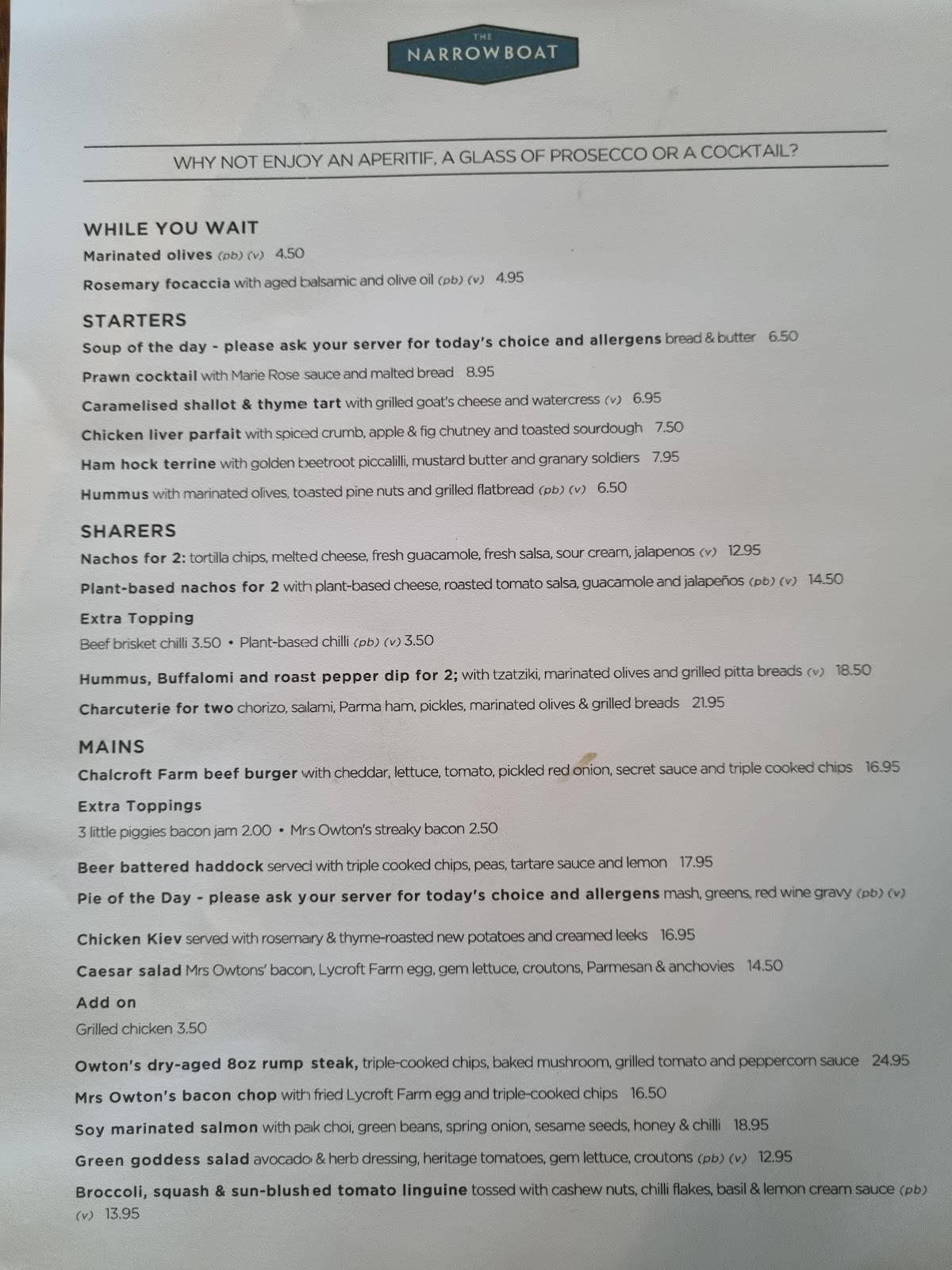 Menu at The Narrowboat pub & bar, Reading
