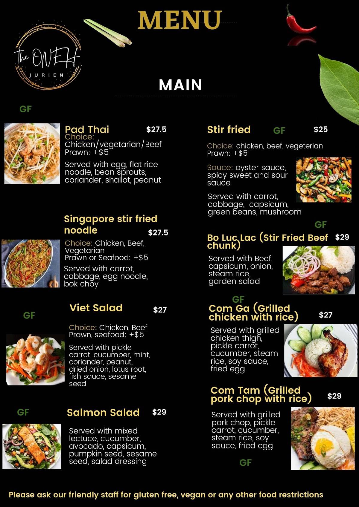 Menu at The Oneh Jurien restaurant, Jurien Bay