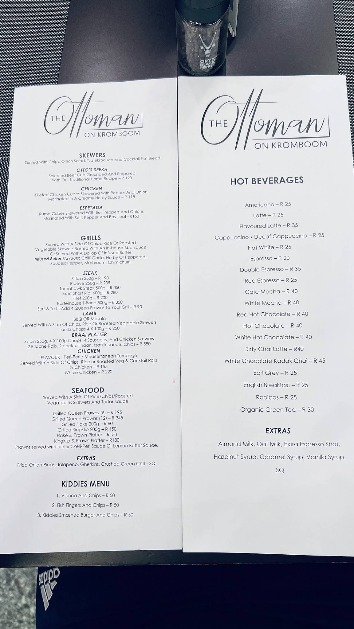 Menu at Otto's Cafe, Cape Town