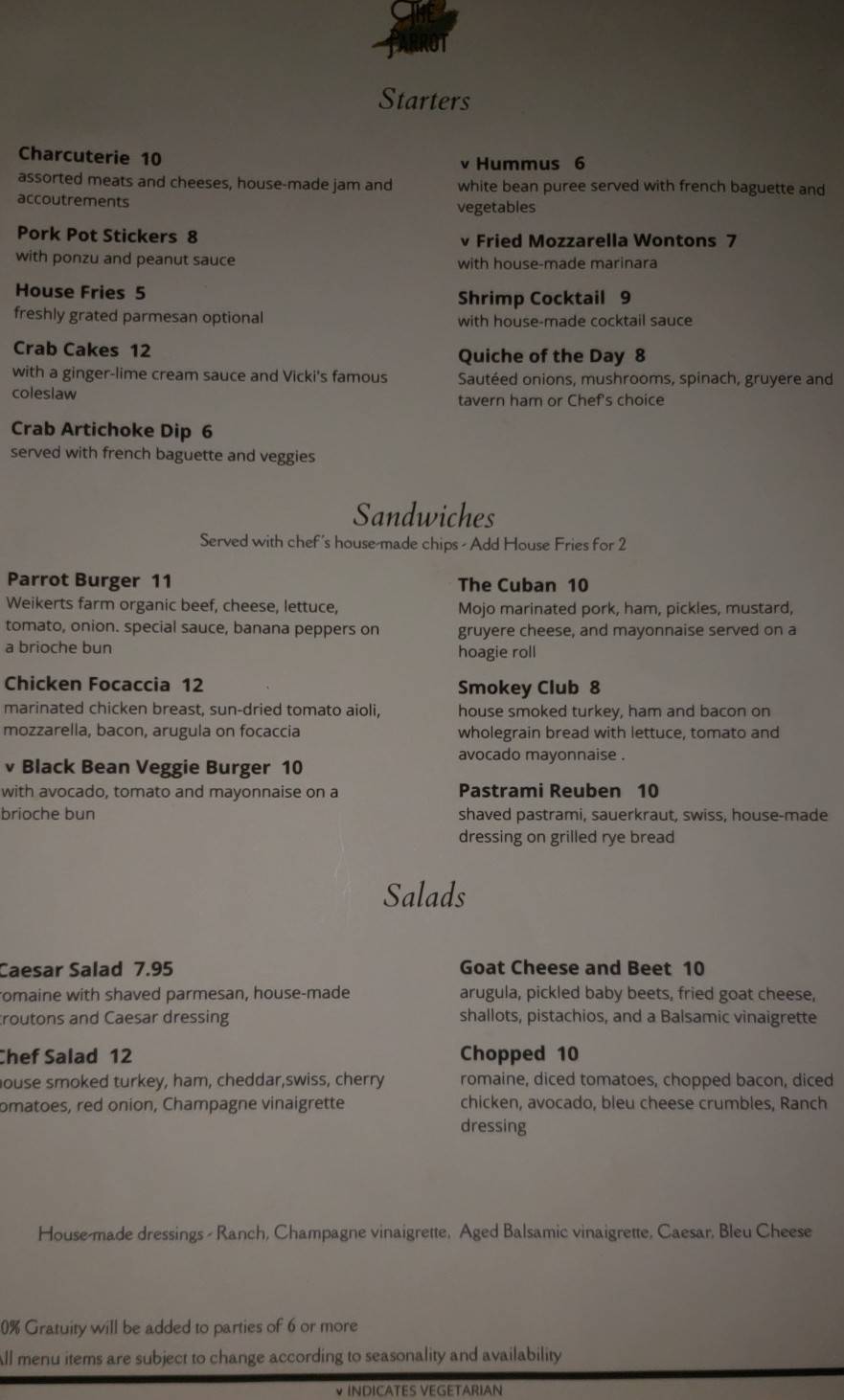 Menu at The Parrot restaurant, Gettysburg, 35 Chambersburg St