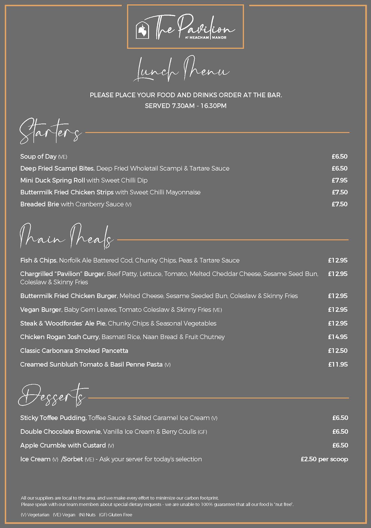 Menu at The Pavilion, Heacham