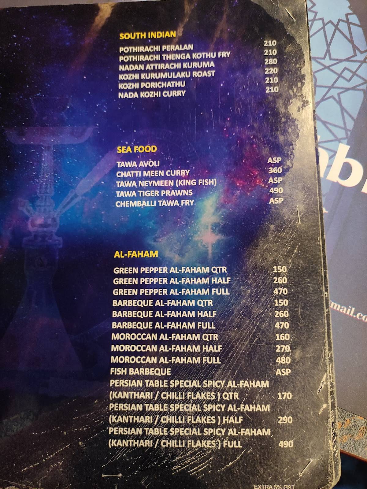 Menu at The Persian Table, Vadayampady