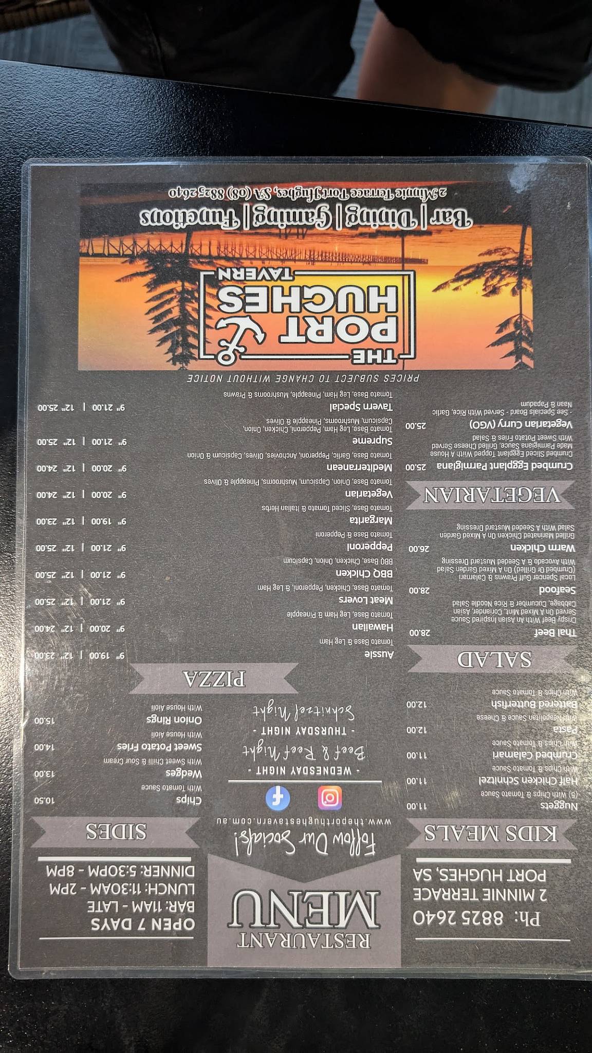 Menu at The Port Hughes Tavern restaurant, Port Hughes