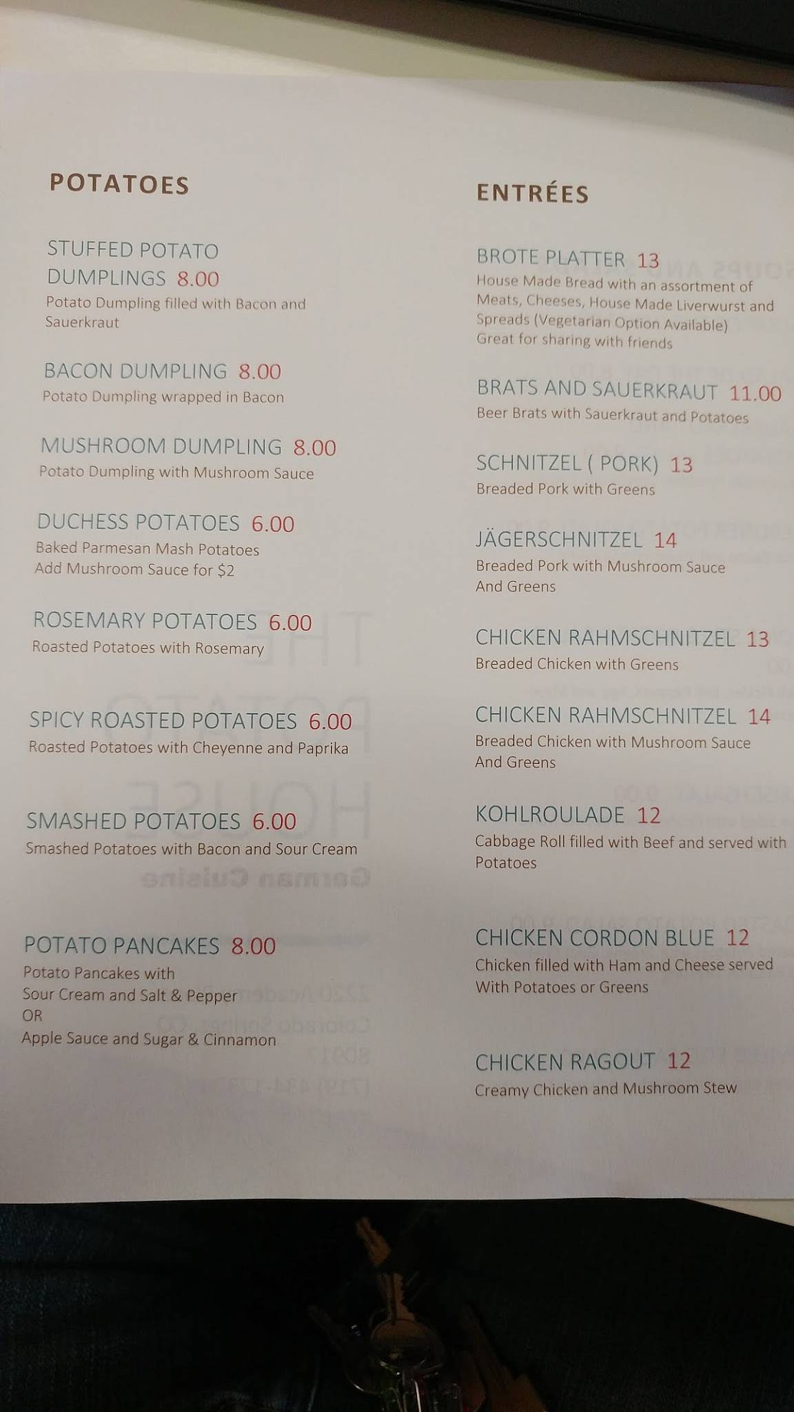 Menu at The Potato House German Restaurant, Colorado Springs