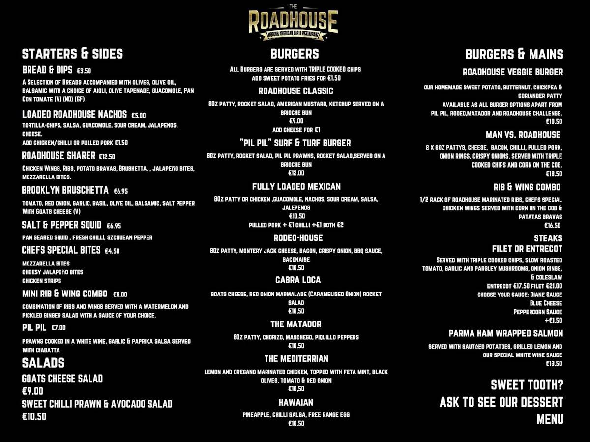 Menu at The Roadhouse Salou restaurant, Salou