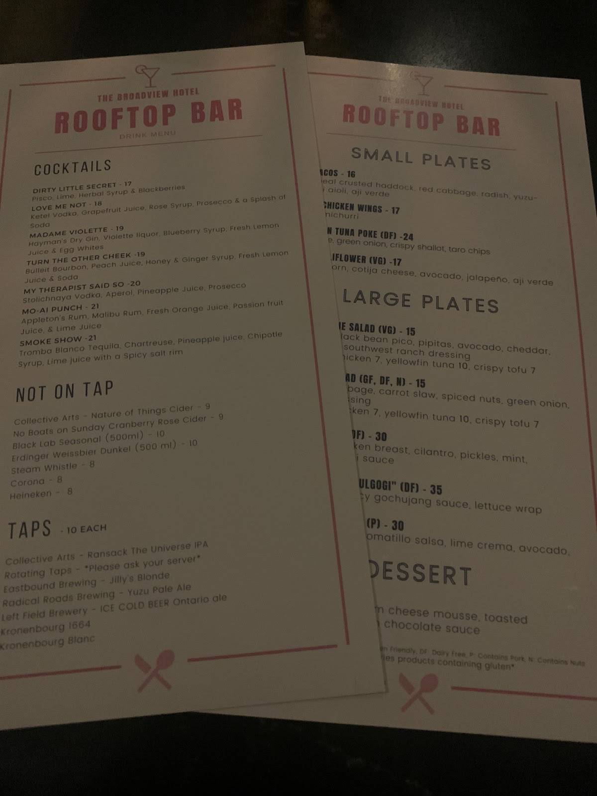 Menu at The Rooftop pub & bar, Toronto, The Broadview Hotel