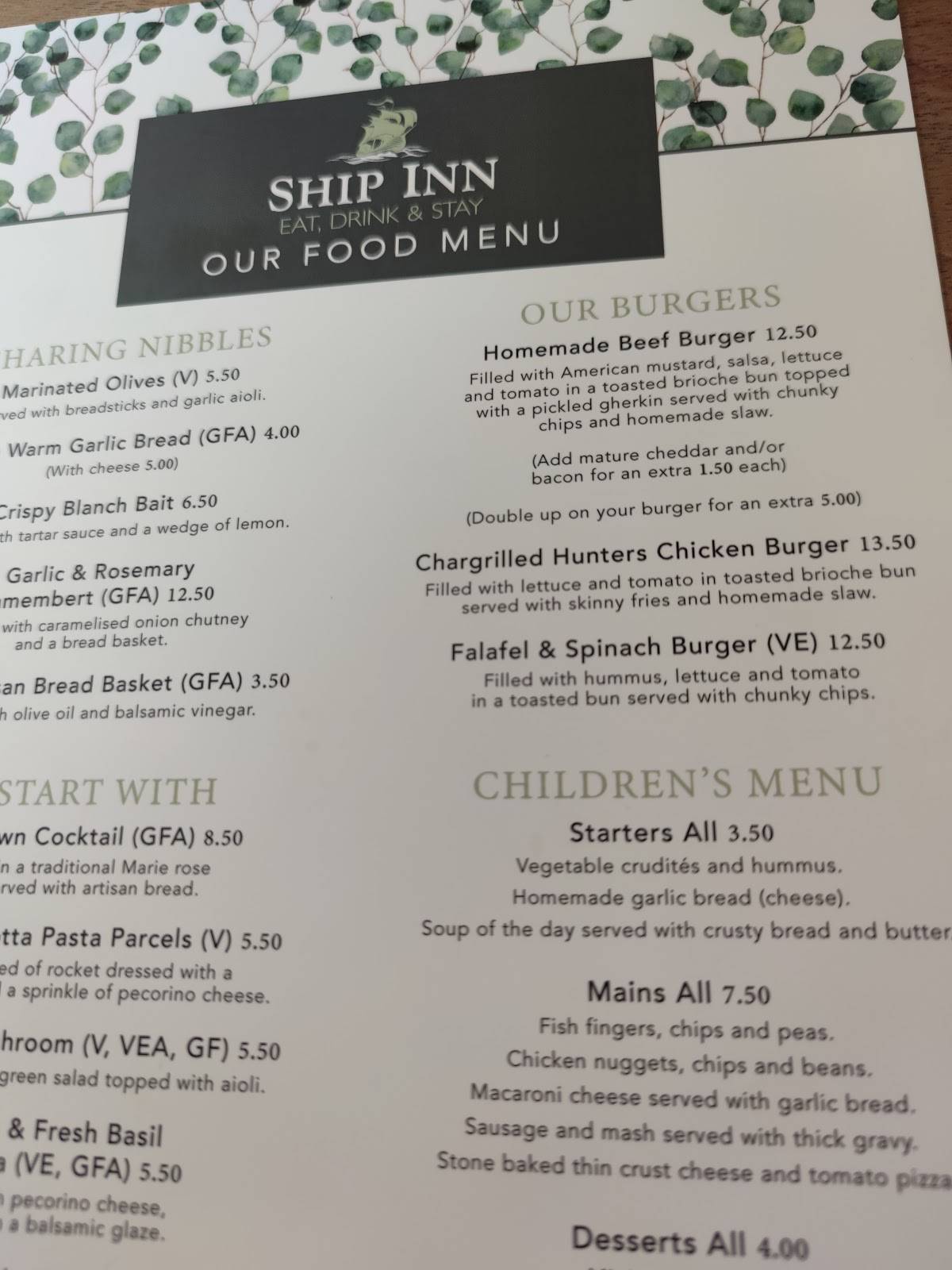 Menu at The Ship Inn restaurant, Dymchurch