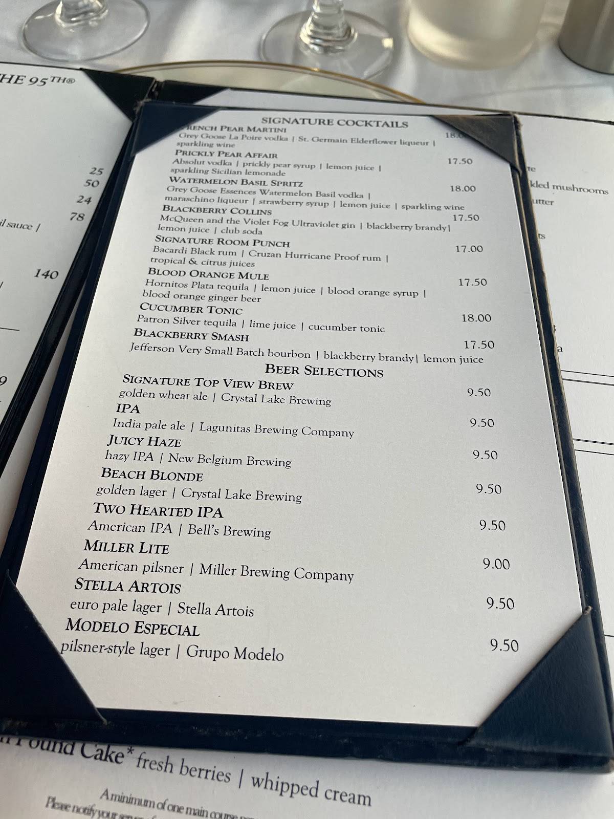 Menu at The Signature Room at the 95th restaurant, Chicago