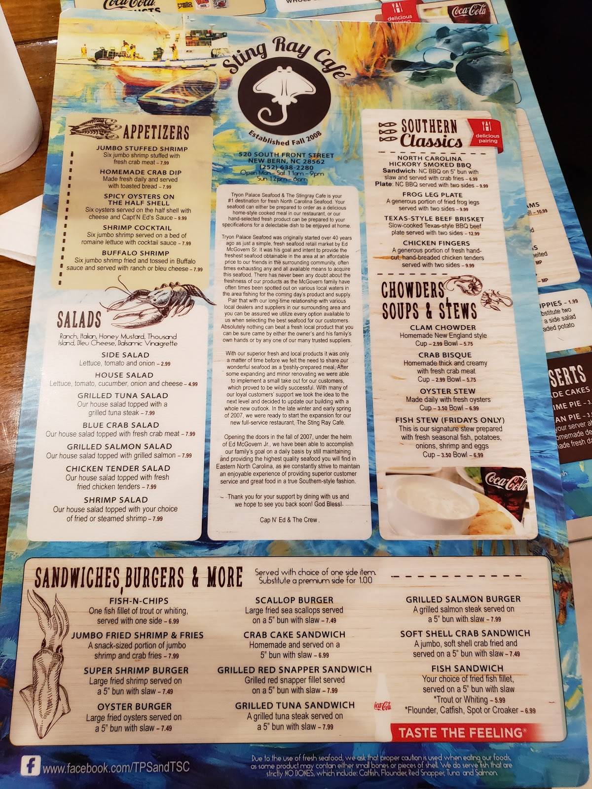 Menu at The Stingray Café restaurant, New Bern