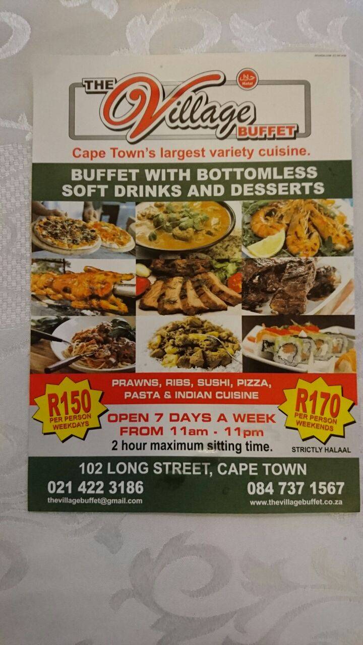 Menu at The Village Buffet restaurant, Cape Town