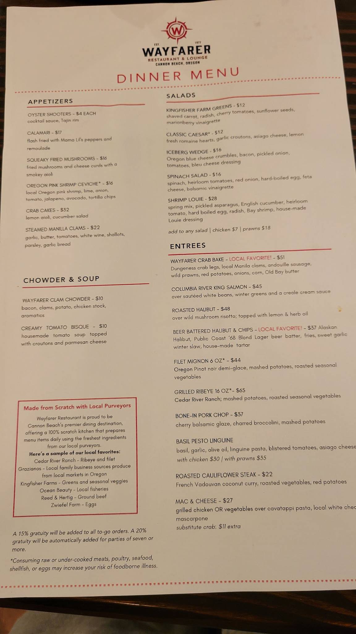 Menu at The Wayfarer Restaurant & Lounge, Cannon Beach