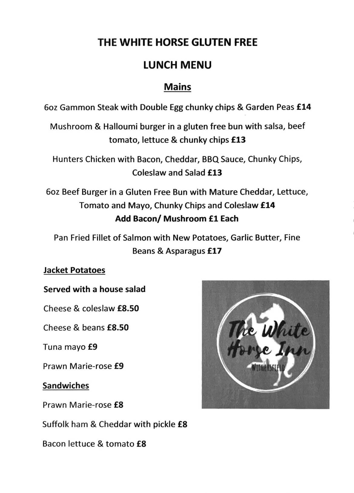 Menu at White Horse Inn pub & bar, Withersfield