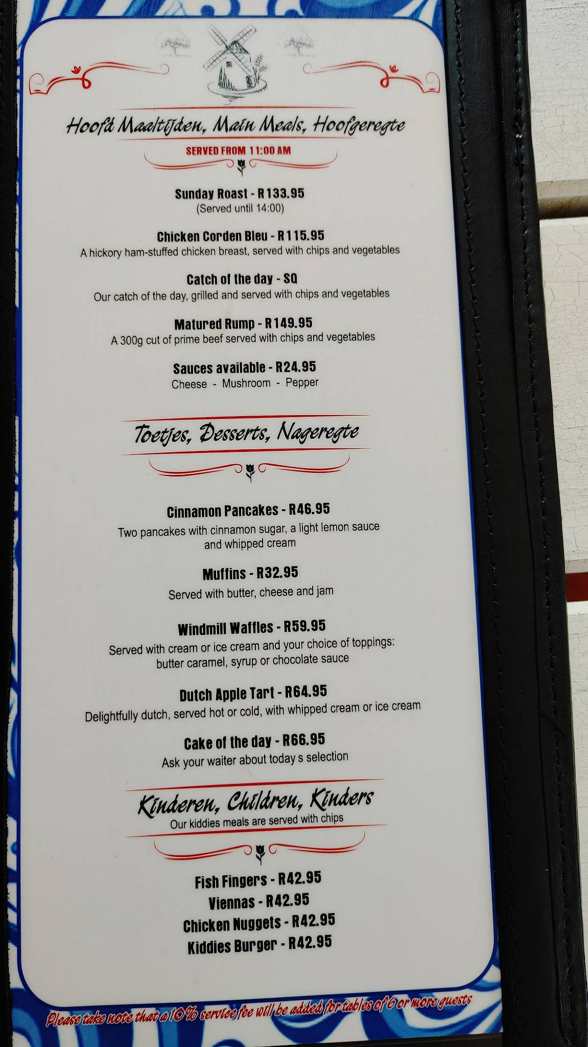 Menu at The Windmill Restaurant, Hartbeespoort