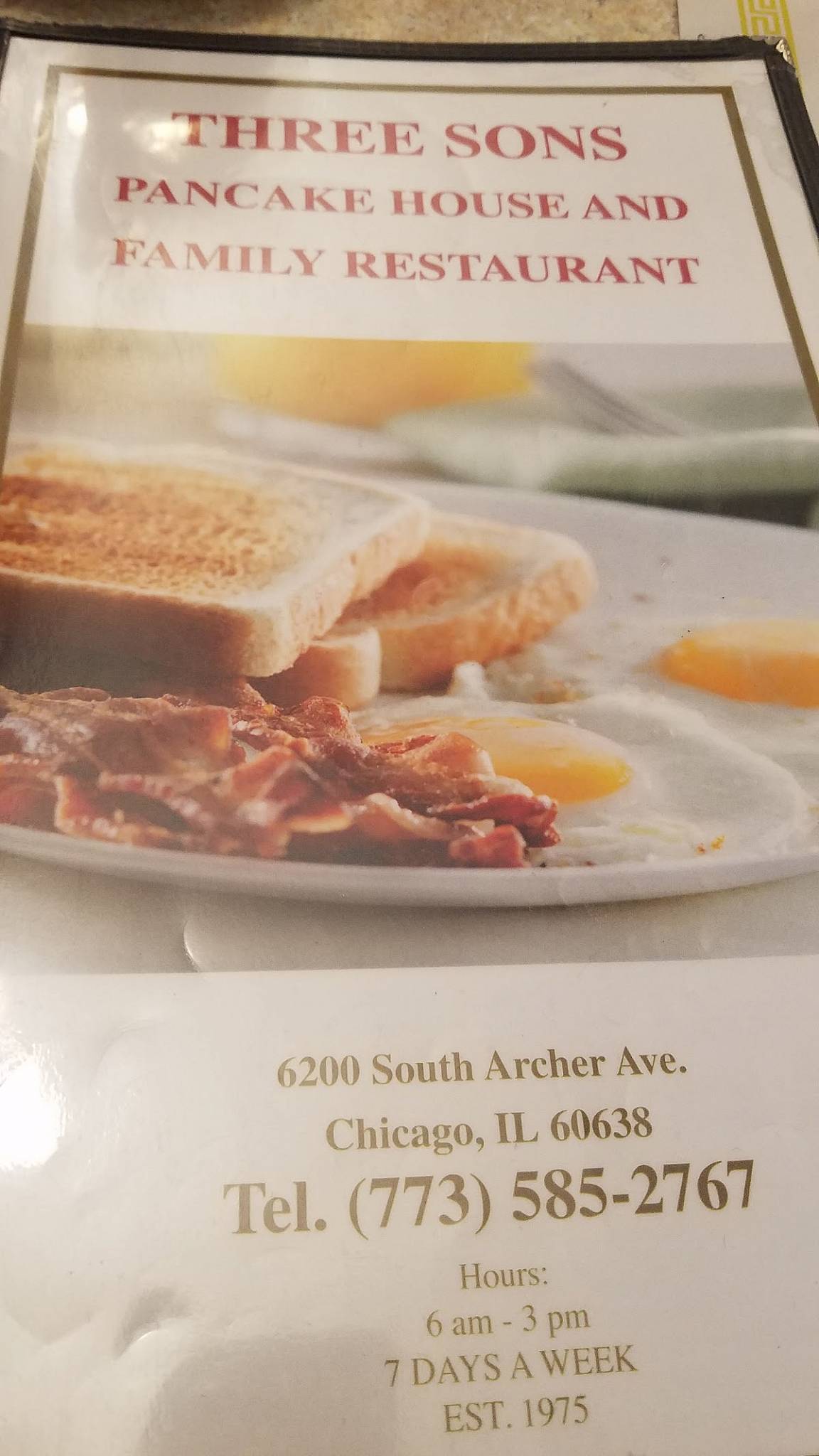 Menu at Three Sons Restaurant, Chicago