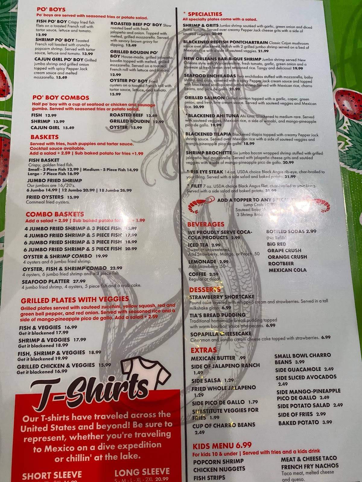 Menu at Tia Juanita’s Fish Camp restaurant, Orange