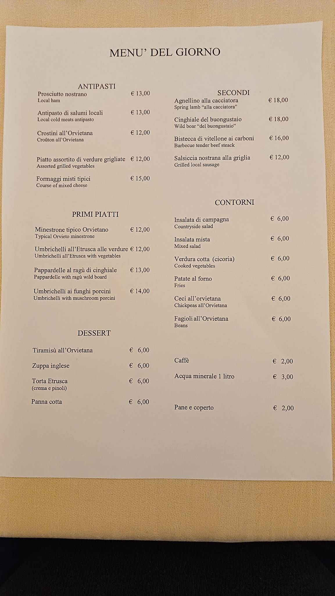 Menu at Tipica Trattoria Etrusca restaurant, Orvieto