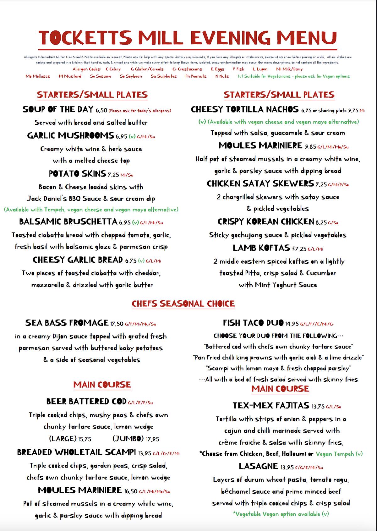 Menu at Tocketts Mill Country Park and Restaurant, Guisborough