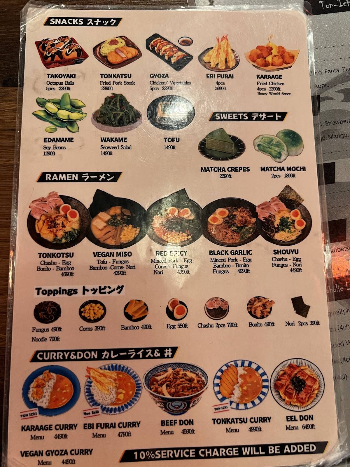 Menu at Ton-Ichi Ramen restaurant, Budapest