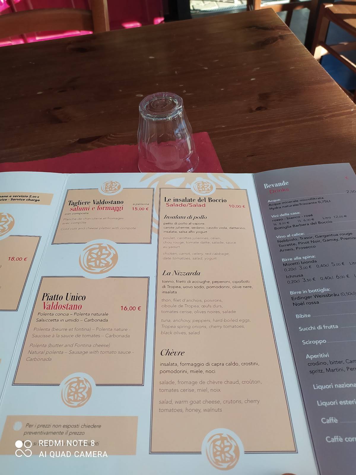 Menu da Il Boccio ristorante, Aosta