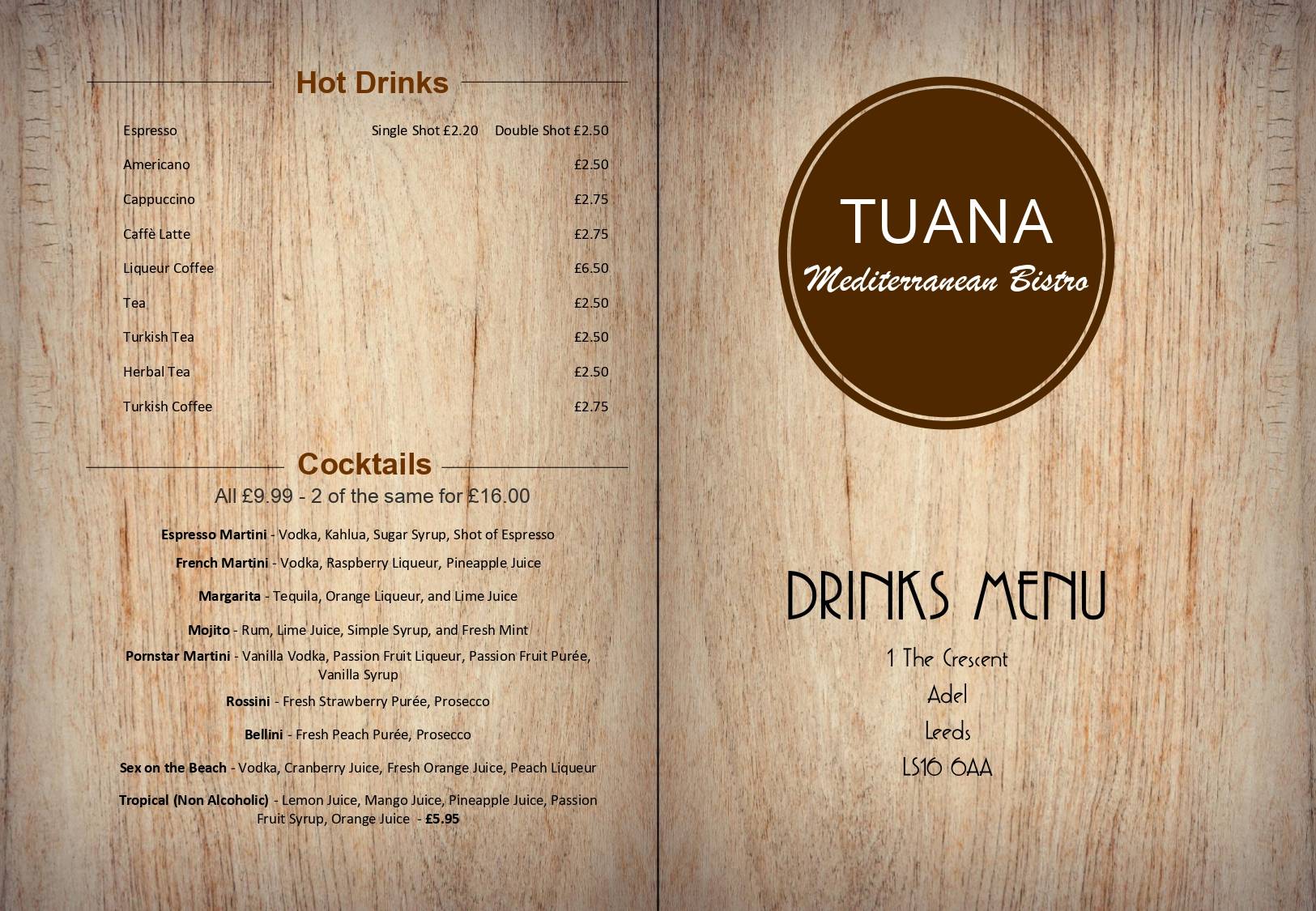 Menu at Tuana Bistro Adel restaurant, Leeds