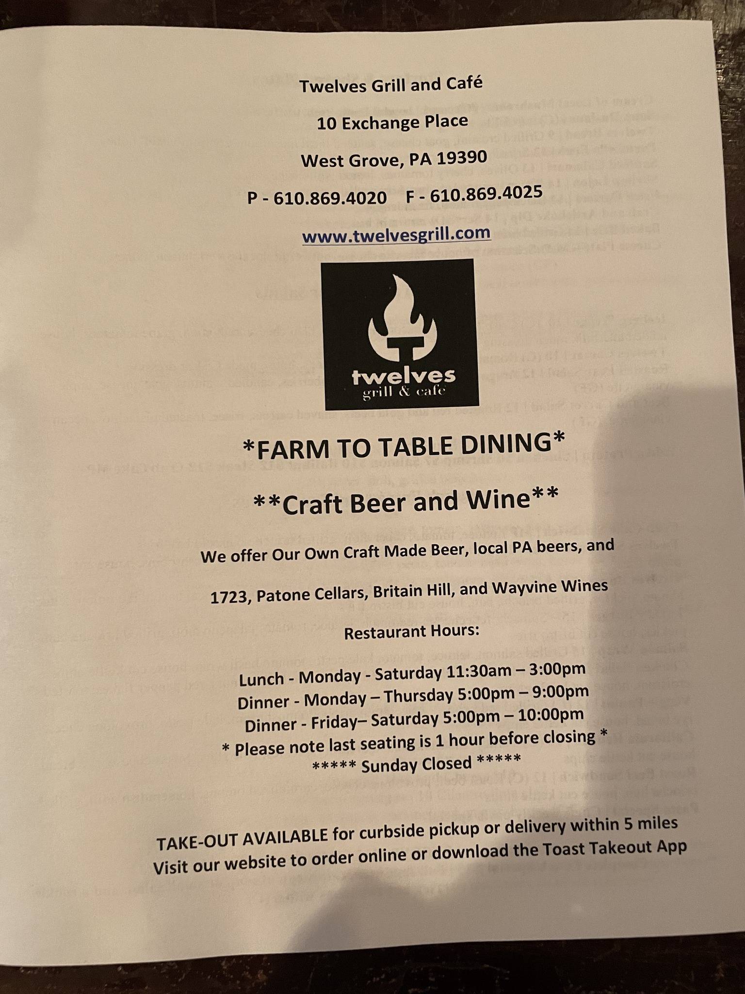 Menu at Twelves Grill & Cafe, West Grove